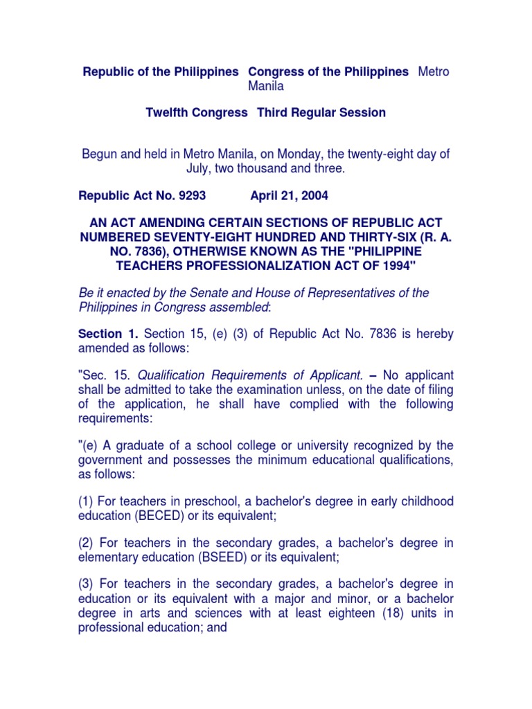 Ra 9293 | PDF | Licensure | Teachers