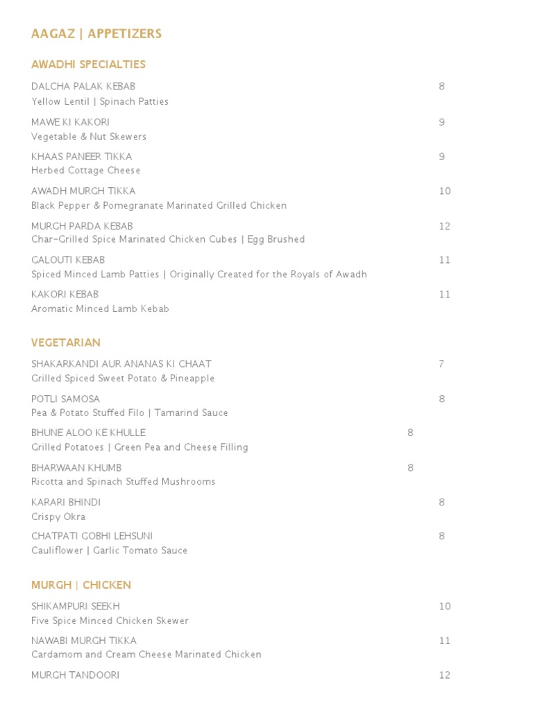 Awadh Dinner Menu | PDF | Curry | Foods