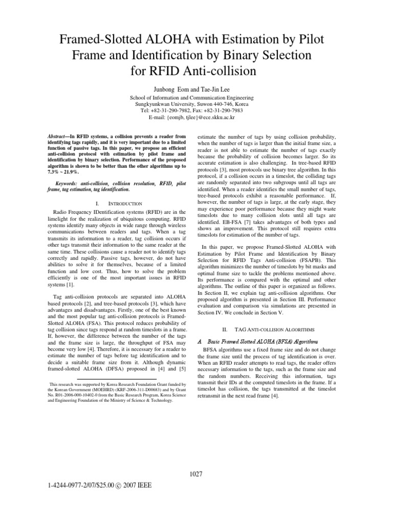 Framed-Slotted ALOHA With Estimation by Pilot Frame and Identification by Binary Selection For ...
