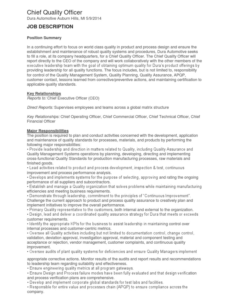 Chief Quality Officer (CQO) | PDF | Quality Assurance | Quality ...