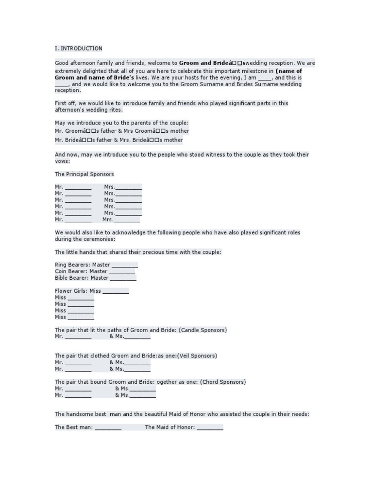 EMCEE Script For Wedding | PDF | Groomsman | Wedding