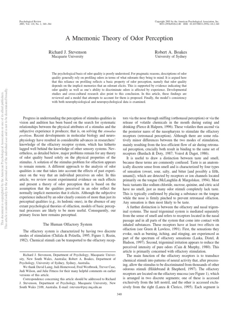 A Mnemonic Theory of Odor Perception | PDF | Olfaction | Odor
