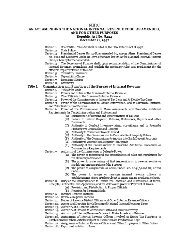 NIRC Outline With Sections | Tax Deduction | Income Tax