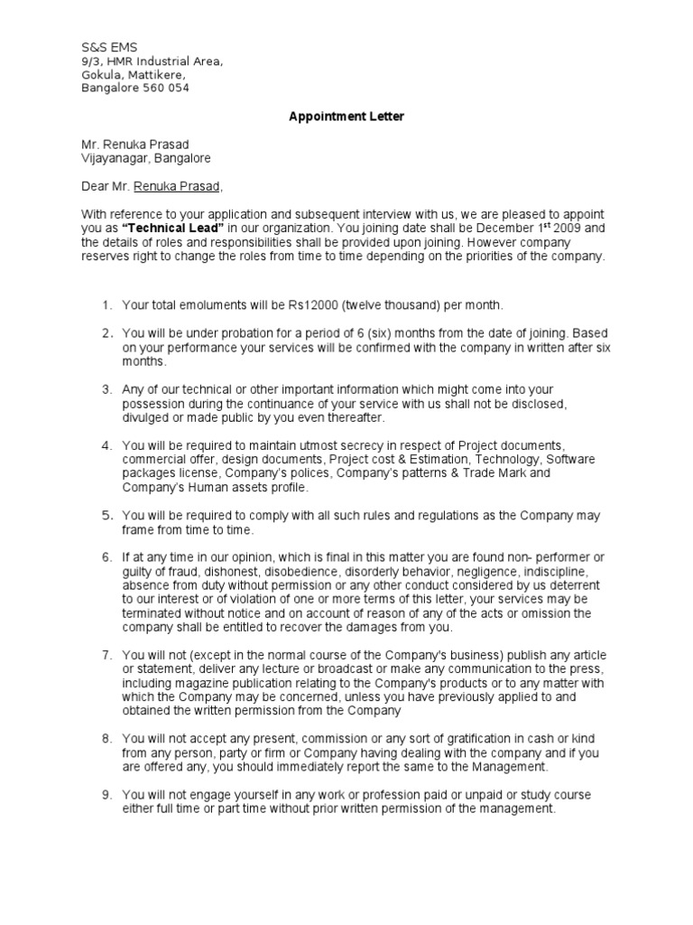 Appointment Letter Format | Bangalore | Common Law