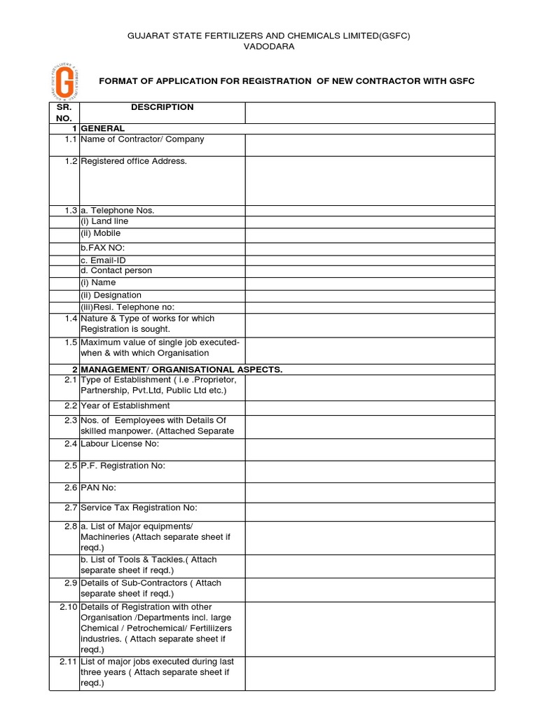 GSFC New Contractor Registration Form | PDF | Safety | Employment