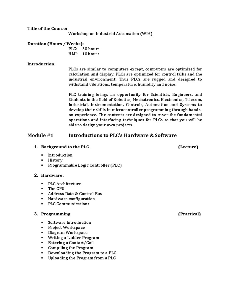PLC Course Outline - WIA | PDF | Programmable Logic Controller | Computer Program