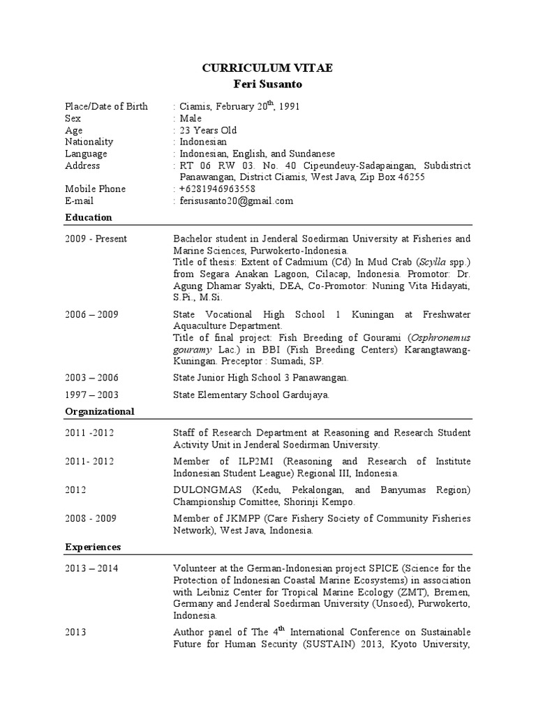 Curriculum Vitae Feri | PDF | Aquaculture | Indonesia