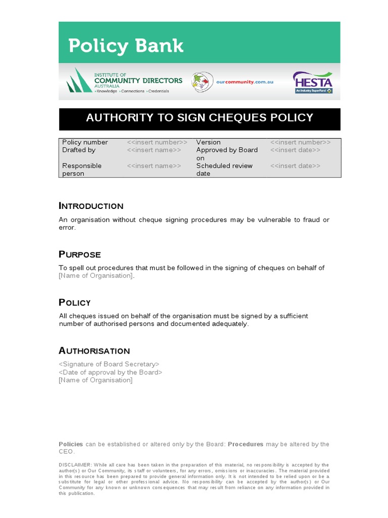 Cheque Signing Authority Policy | PDF | Cheque | Government