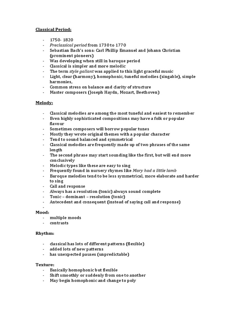 Classical Period Notes | PDF | Classical Period (Music) | Classical And ...