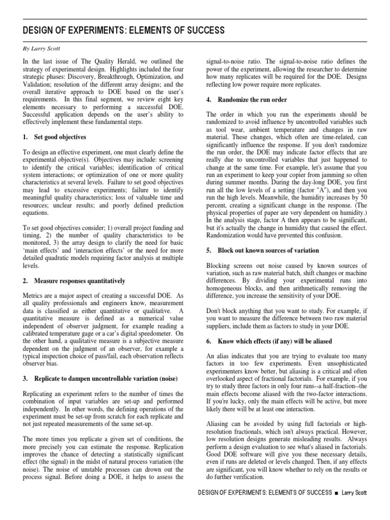 4 DOE Elements of Success | PDF | Experiment | Signal To Noise Ratio