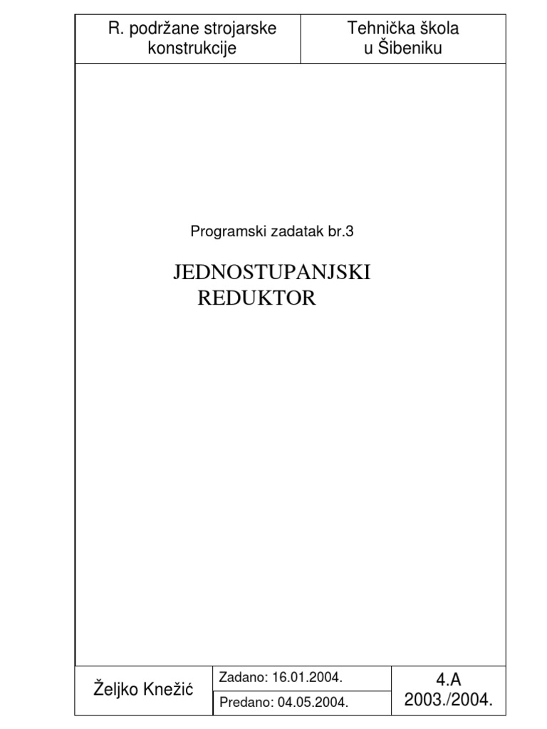 Jednostupanjski Reduktor | PDF