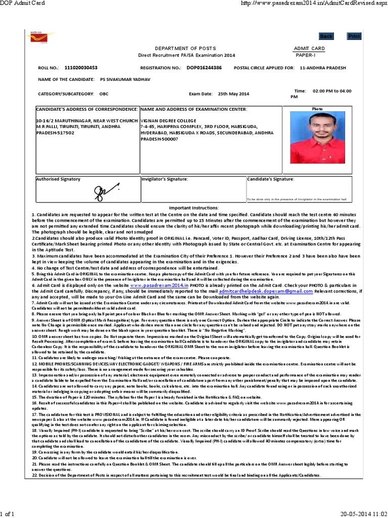 DOP Admit Card | PDF | Government Information | Government