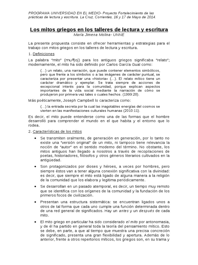 Los Mitos Griegos en Los Talleres de Lectura y Escritura - Handout ...