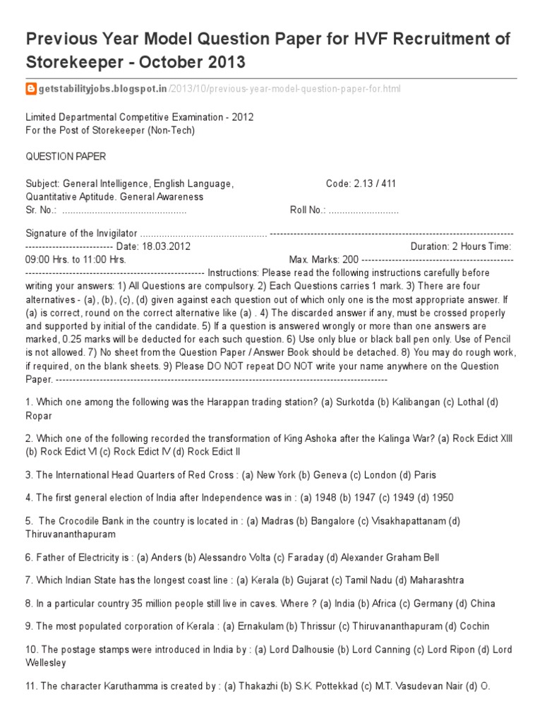 HVF Storekeeper Exam Model Paper 2013 | PDF | Nature | Unrest