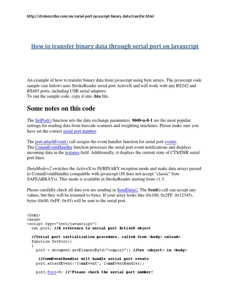 How To Transfer Binary Data Through Serial Port On Javascript | PDF | Java Script | Computer ...