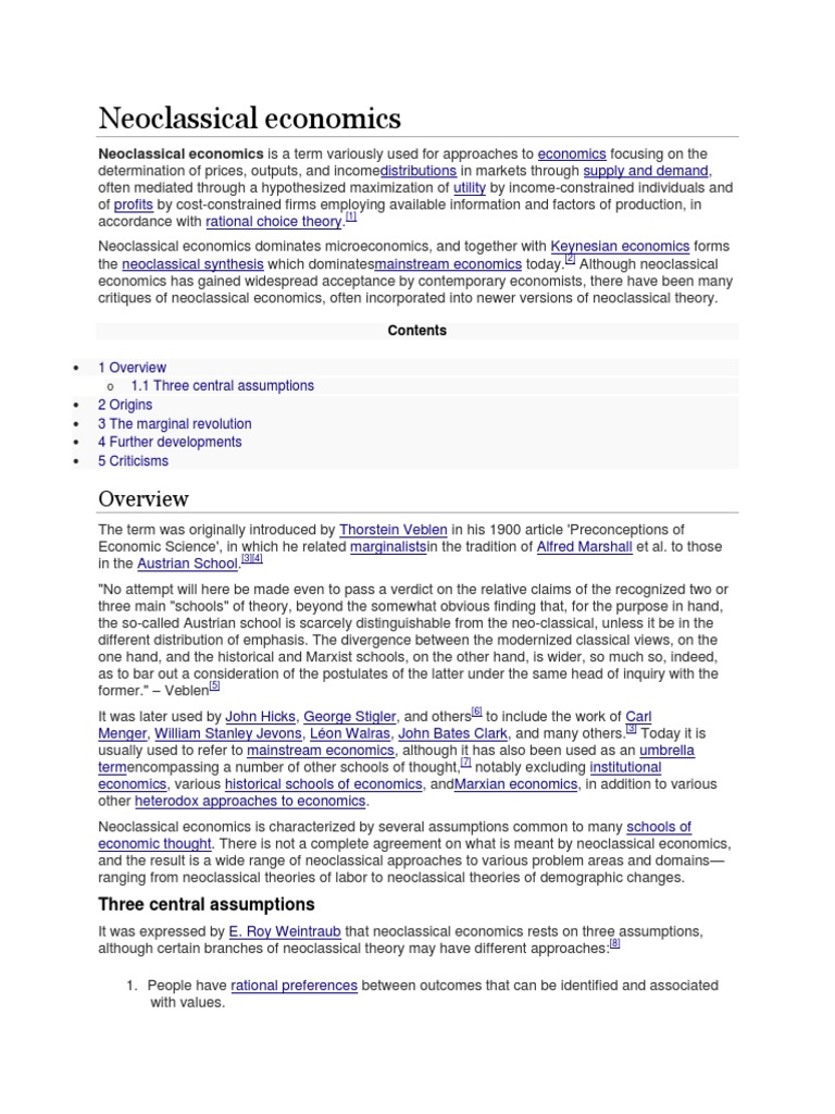 Neoclassical Economics: An Overview of its Key Assumptions, Origins ...