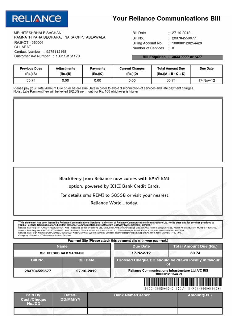 Your Reliance Communications Bill | PDF | Cheque | Payments