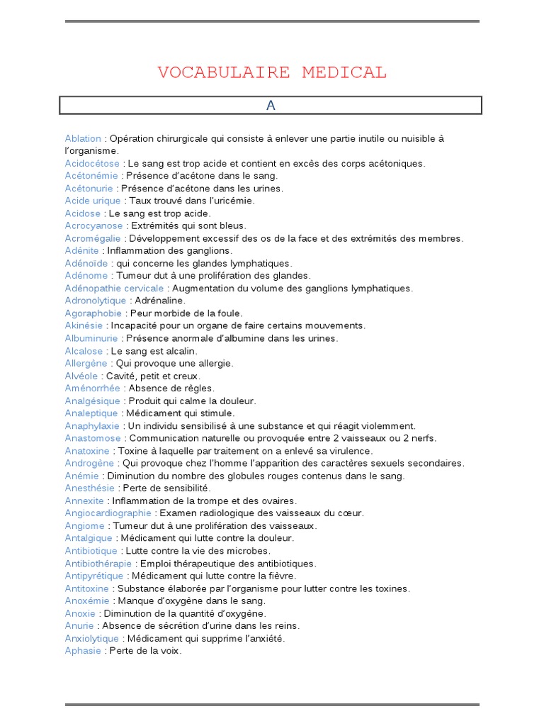 Lexique de termes médicaux essentiels | PDF | Bile | Sang