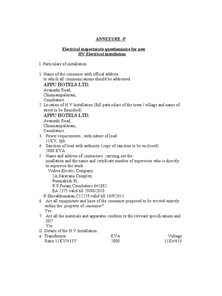 HV Installation Report for Appu Hotels | PDF | Electrical Substation ...