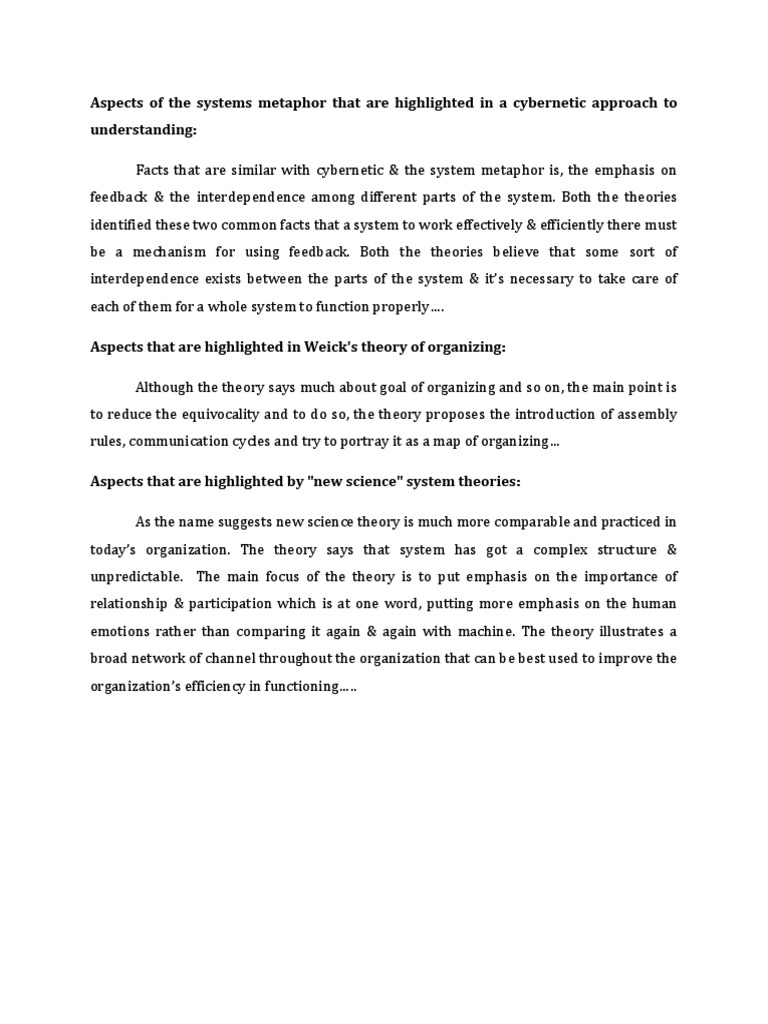 What Aspects of The Systems Metaphor Are Highlighted in A Cybernetic ...
