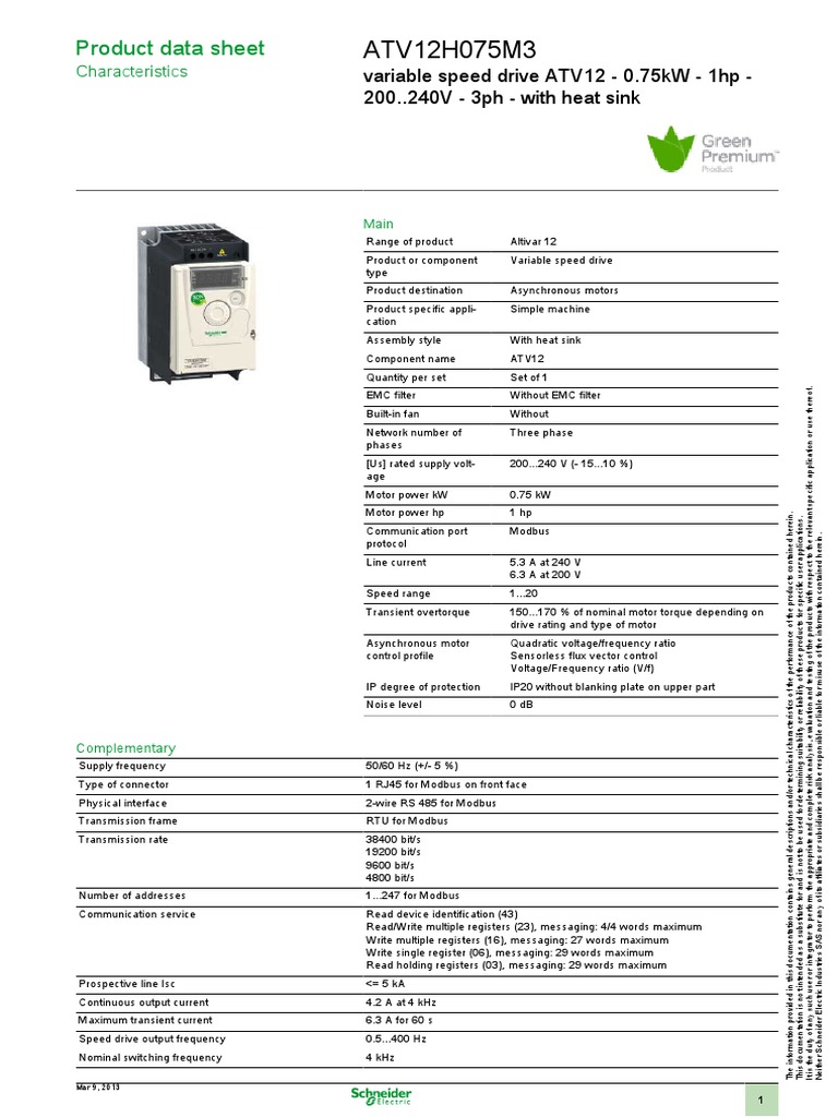 ATV12H075M3 Schneider Electric | PDF | Electric Motor | Electromagnetic ...