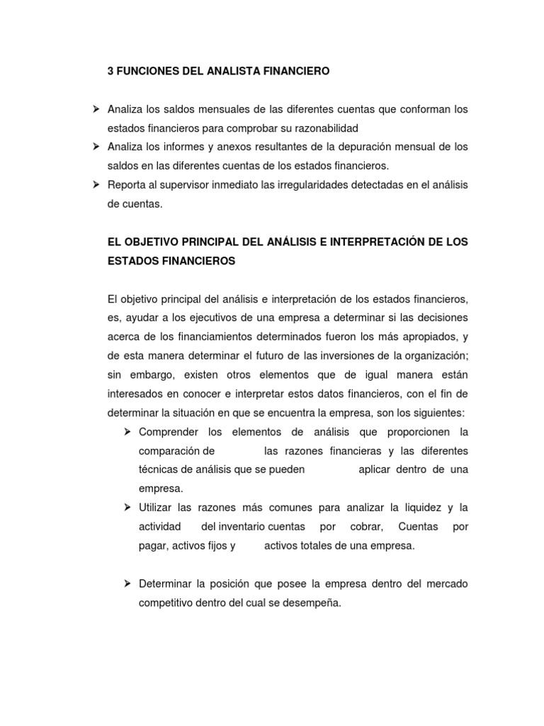 Funciones Del Analista Financiero | PDF | Estado financiero | Contabilidad
