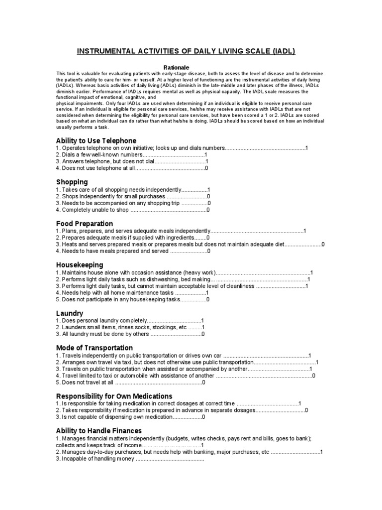 Instrumental Activities of Daily Living Scale | Download Free PDF | Medicine | Health Care