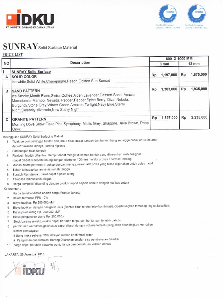Pricelist Sunray Solid Surface Per 26 Agustus 2013 | PDF