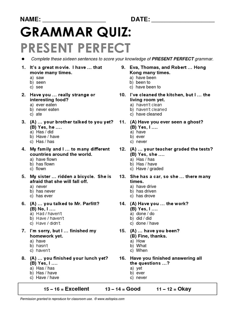 Esl Topics Quiz Present Perfect | PDF | Language Mechanics | Grammar
