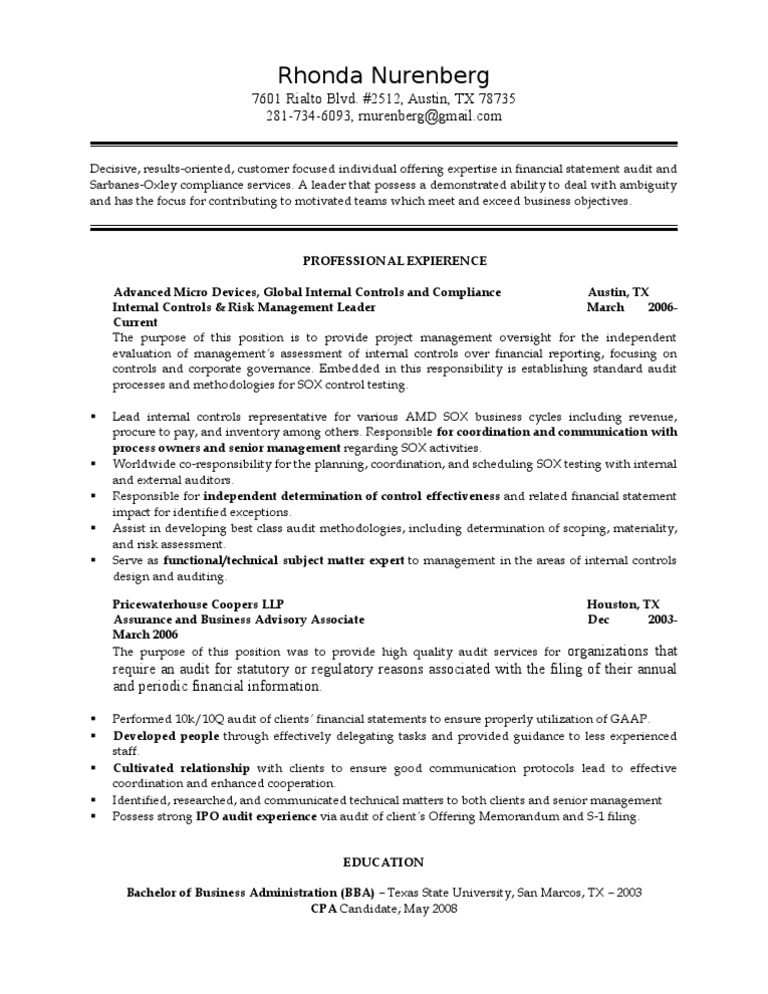 Rhonda Nurenberg Resume | PDF | Internal Control | Sarbanes–Oxley Act
