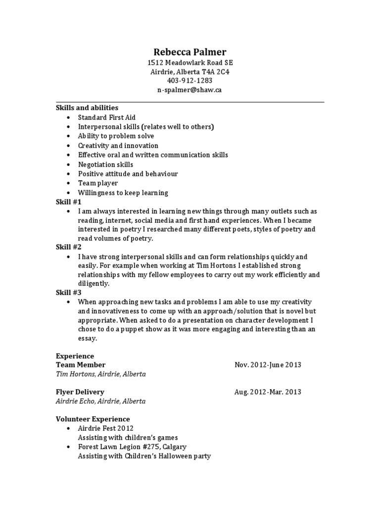 Rebecca Palmer's Skills and Experience Resume | PDF