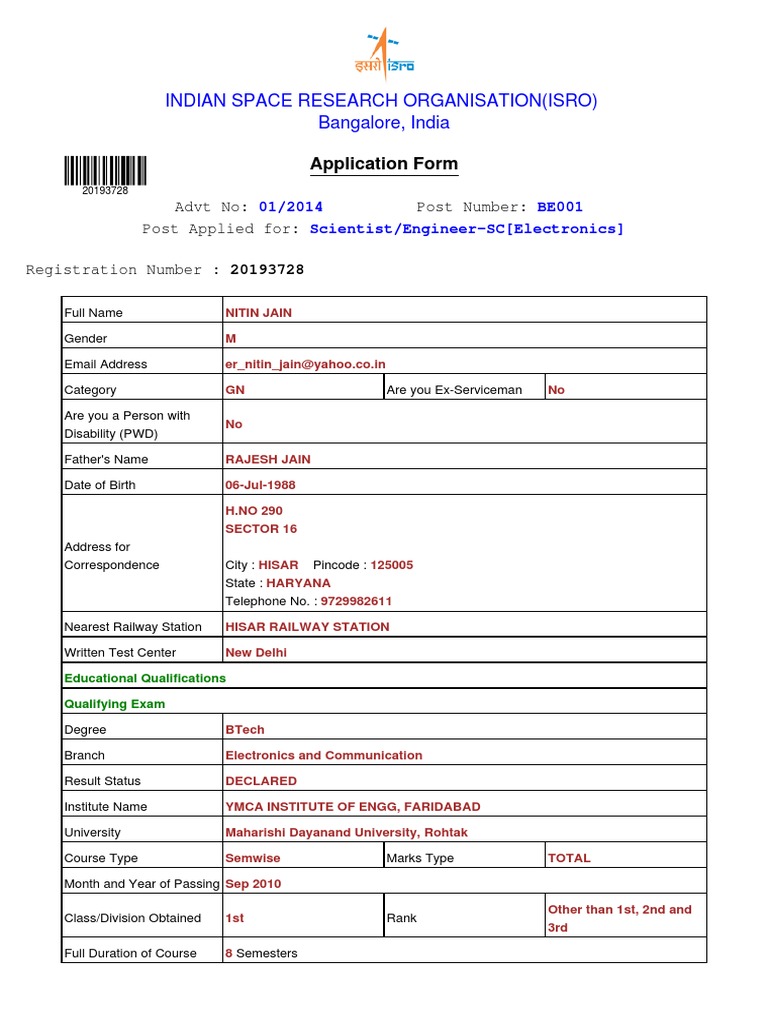 Indian Space Research Organisation (Isro) Bangalore, India: Application ...