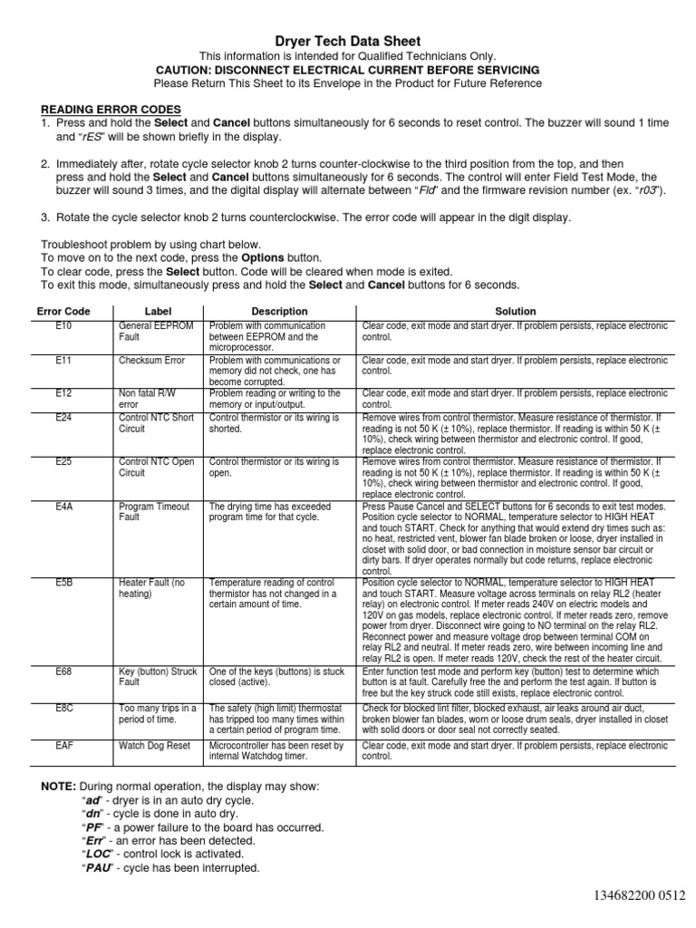 Dryer Error Code Troubleshooting Guide | PDF | Electronics ...