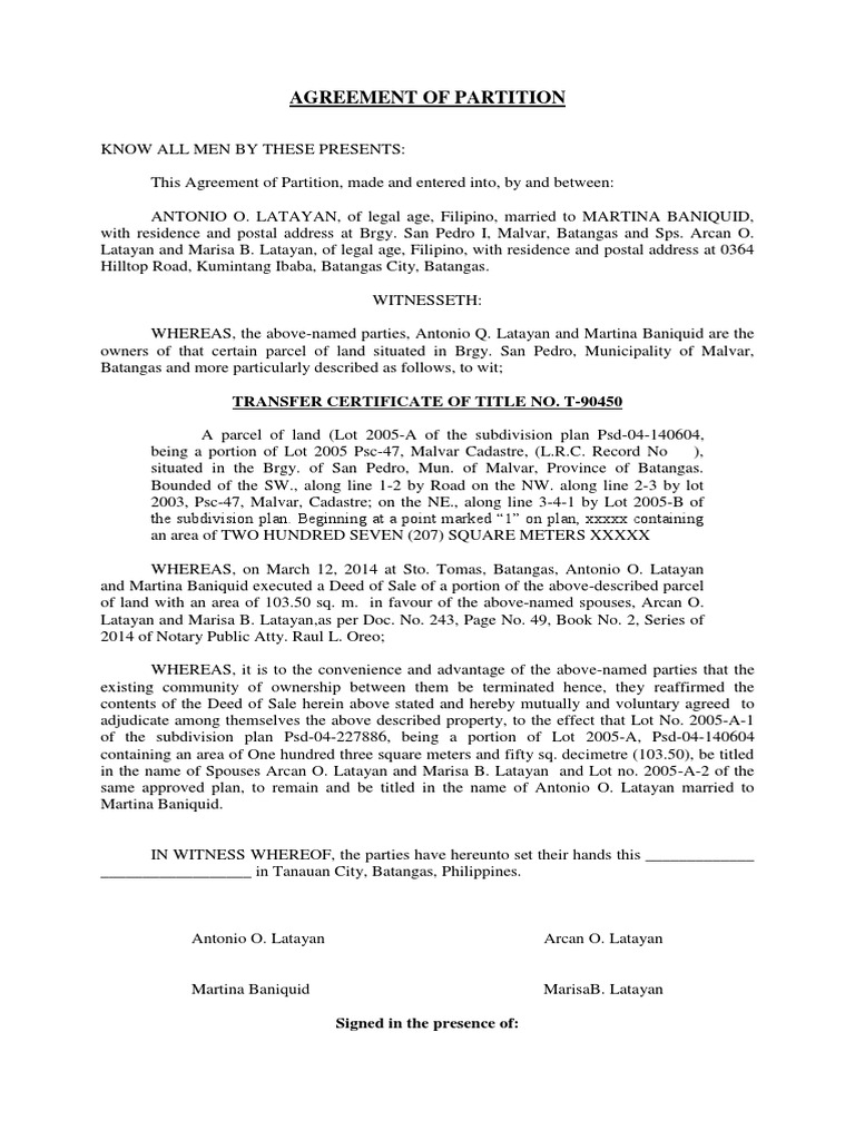 Agreement of Partition | Affidavit | Justice