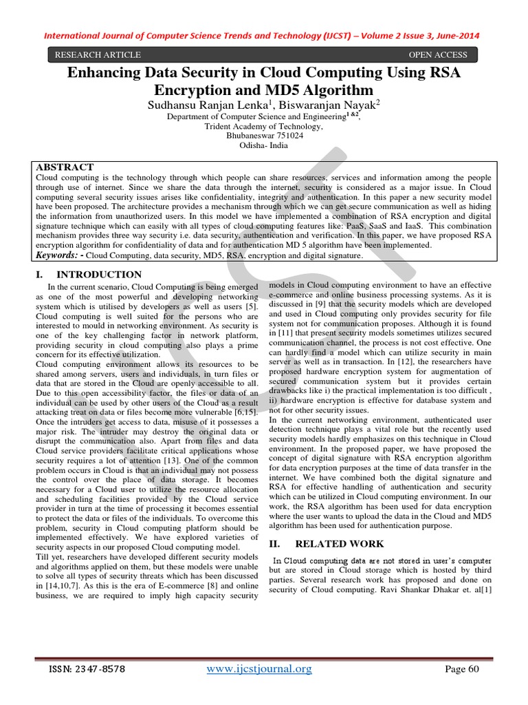 Enhancing Data Security in Cloud Computing Using RSA Encryption and MD5 Algorithm | PDF | Public ...