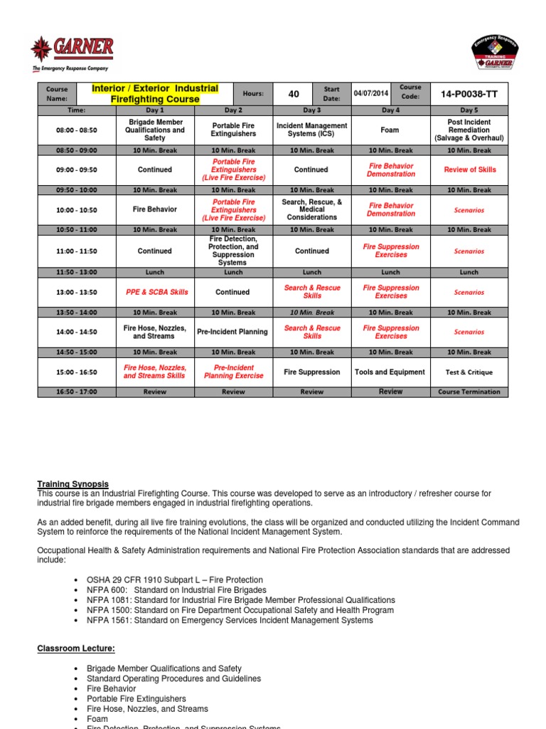 40hr Industrial Firefighting Training Schedule | PDF | Firefighter ...
