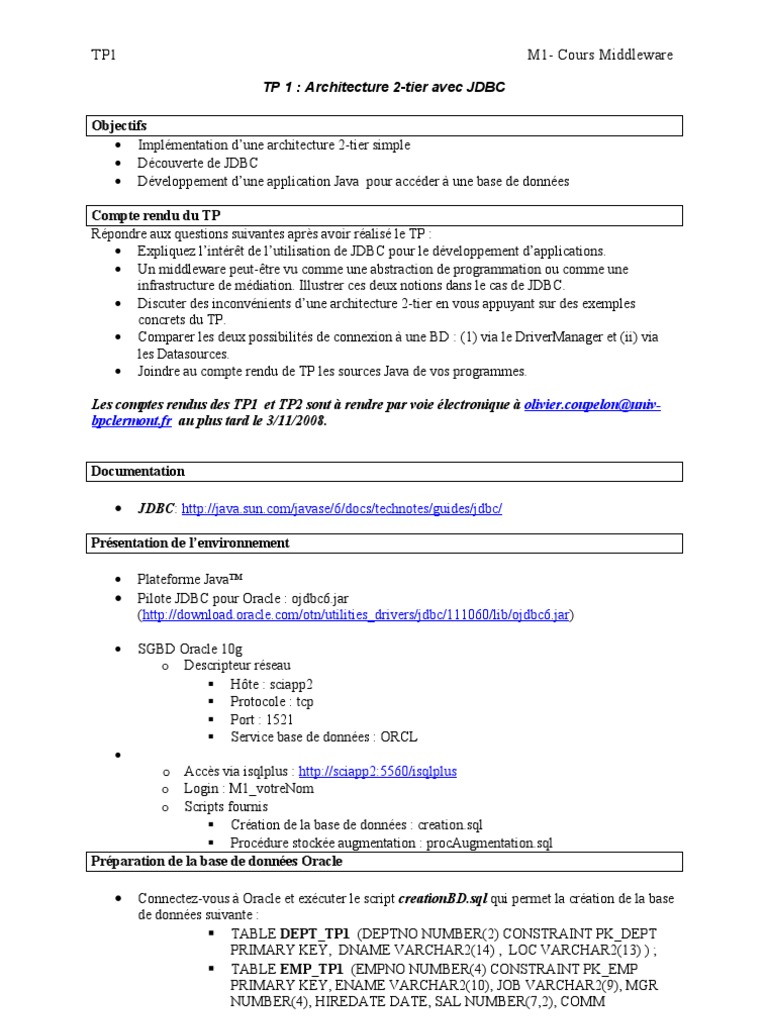 TP1 M1-Cours Middleware: Objectifs | PDF | Java (Langage de programmation) | Base de données Oracle