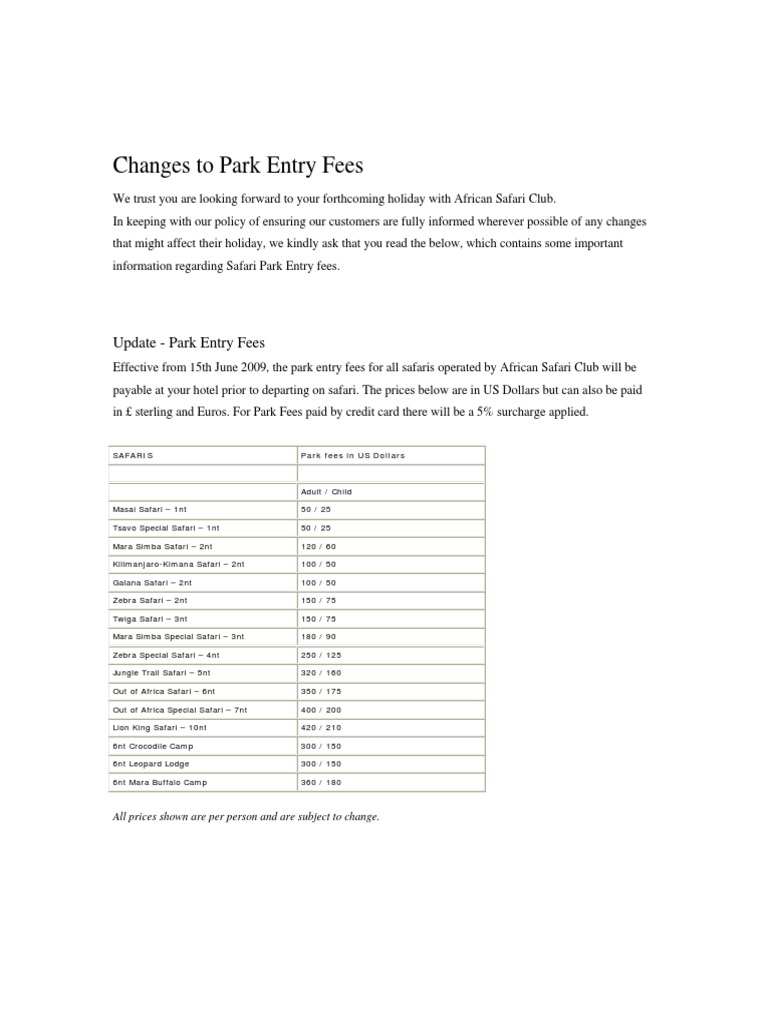 Safari Park Fee Update | PDF