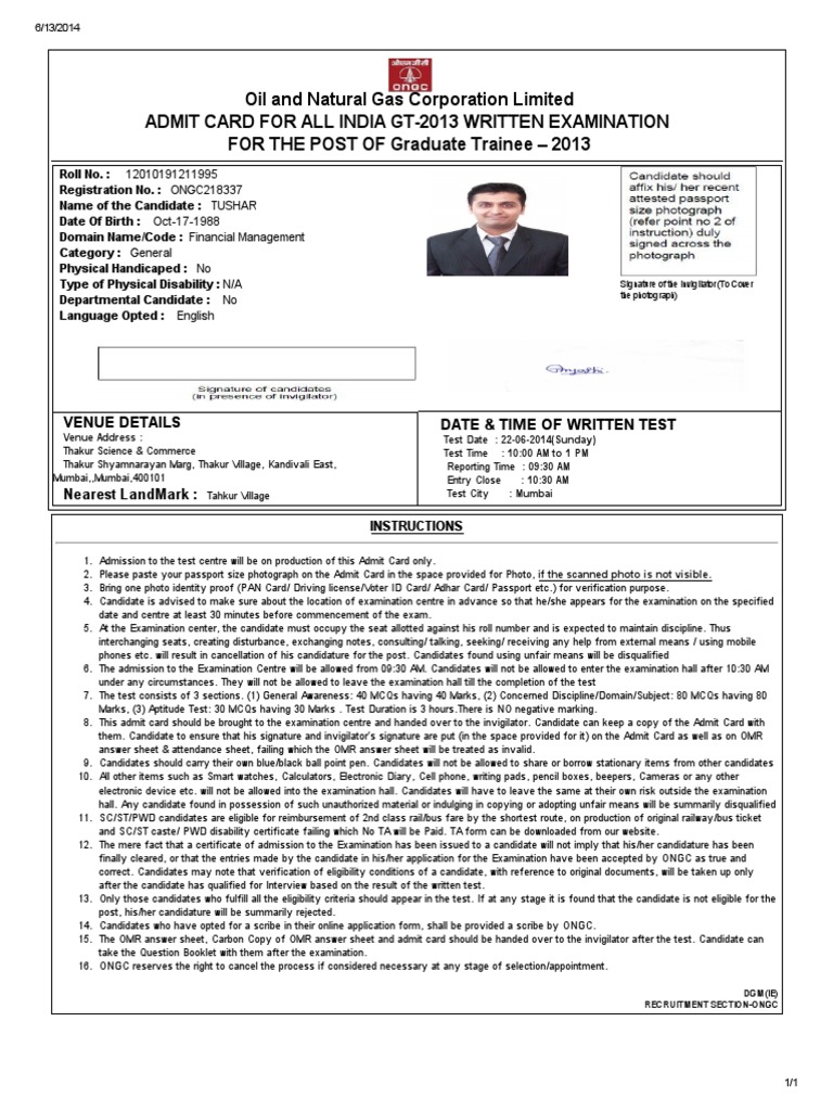 Call Letter Ongc | PDF | Identity Document | Test (Assessment)