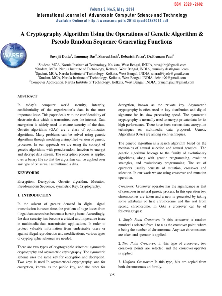 A Cryptography Algorithm Using The Operations of Genetic Algorithm & Pseudo Random Sequence ...
