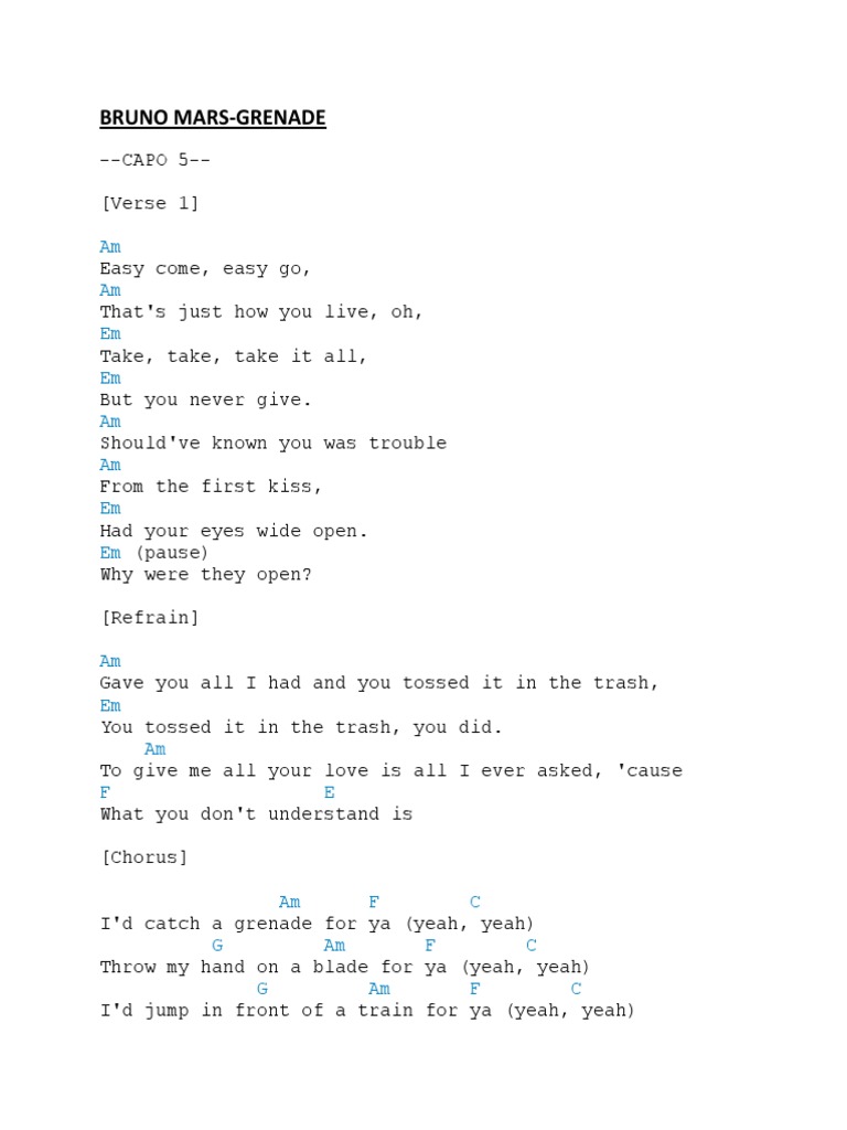 Bruno Mars-Grenade: Am Am em em Am Am em em | PDF | Poetry