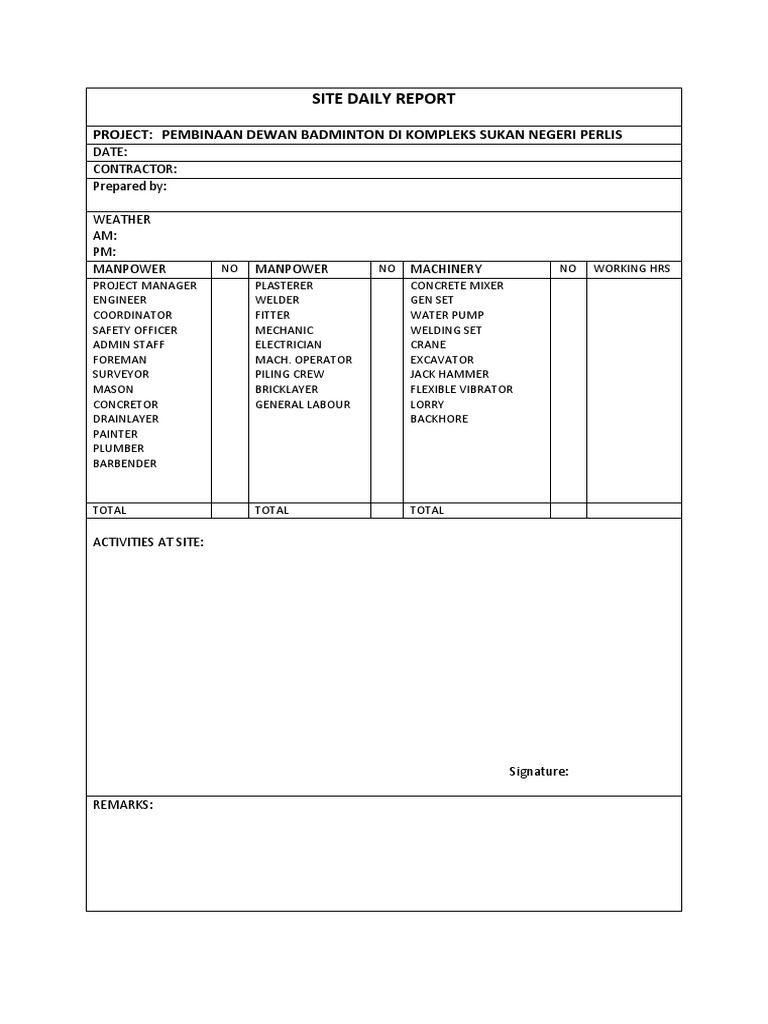 Site Daily Report FORM Badminton | PDF