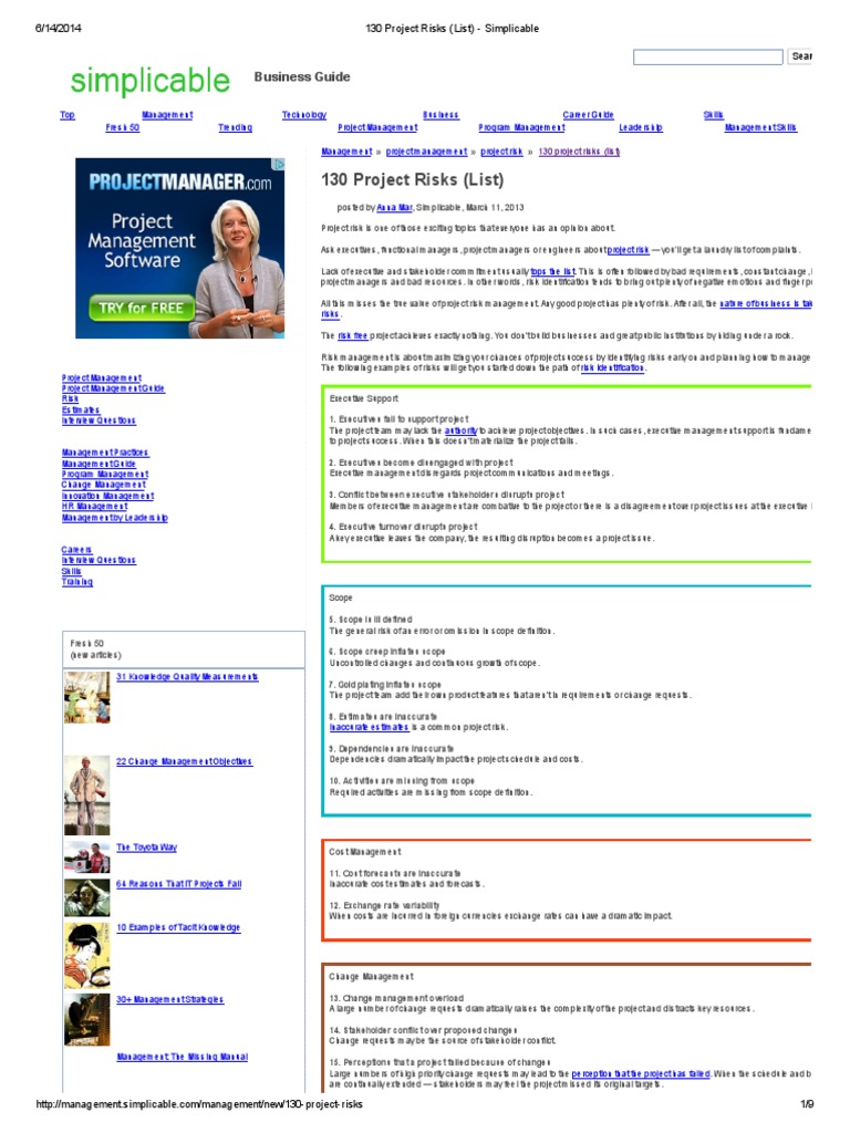 130 Project Risks (List) - Simplicable | PDF | Project Management | Risk