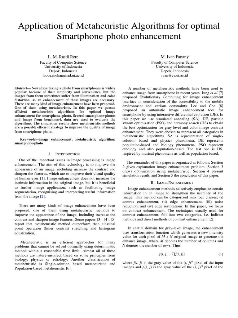 Application of Metaheuristic Algorithms For Optimal Smartphone-Photo Enhancement | PDF ...
