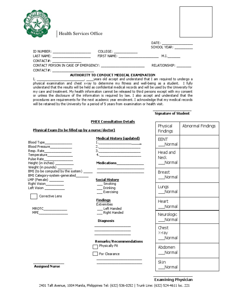 Hso G Medical Examination Form | PDF | Physical Examination | Medical ...