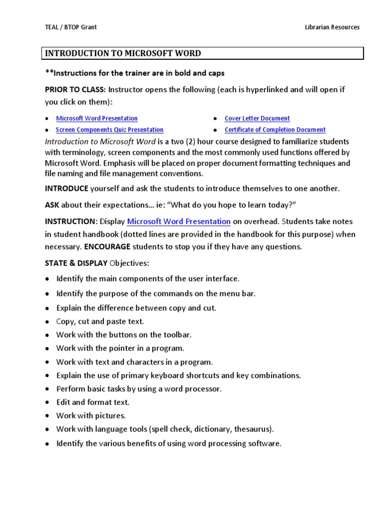 Intro To MS Word Lesson Plan | PDF | Microsoft Word | Keyboard Shortcut