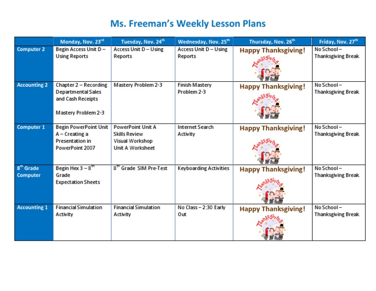 Weekly Lesson Plans: Nov 23-27 | PDF