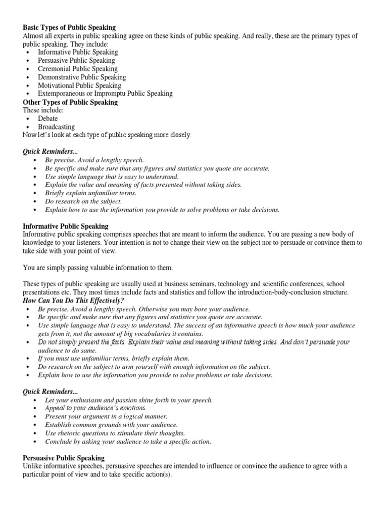 Basic Types of Public Speaking | PDF | Public Speaking | Rhetoric