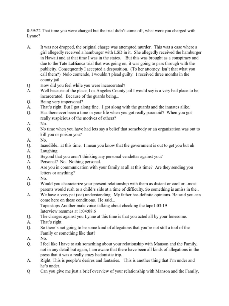 Lynette Fromme Interview With Psychologist | Download Free PDF ...