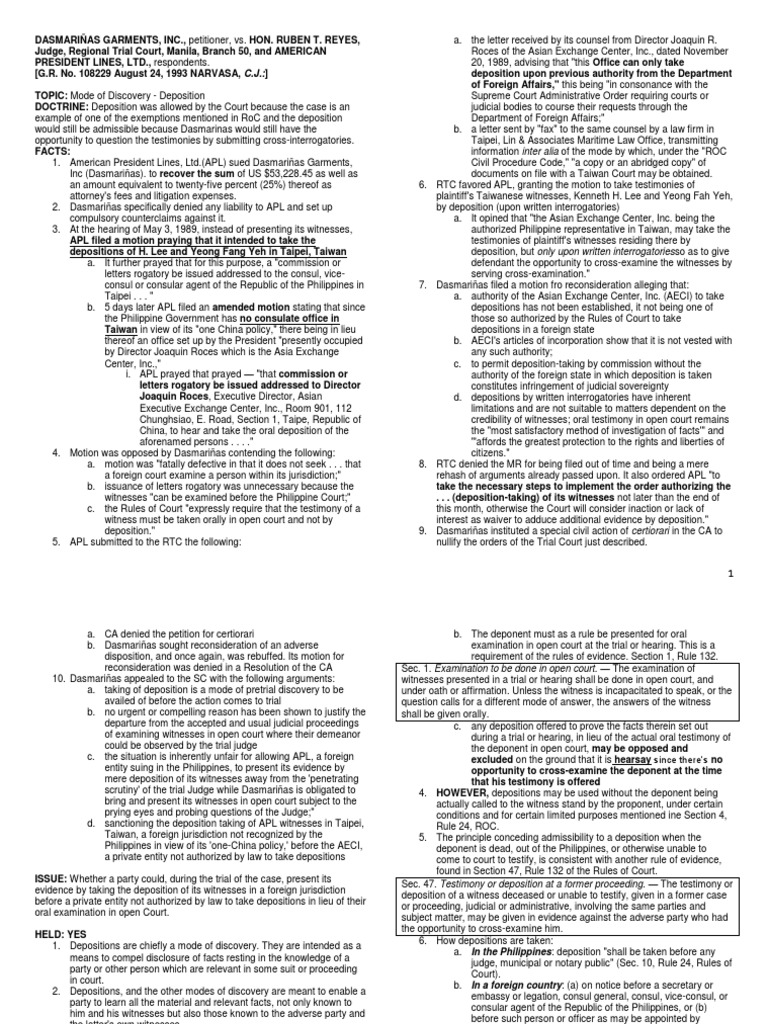 Rem Rev Digest | PDF | Deposition (Law) | Discovery (Law)